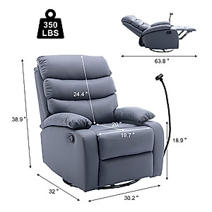 GNMLP2020 Swivel Rocker Recliner Chair for Adults, Rocking Recliner Chair, Manual Small Recliners for Small Spaces, Living Room, Nursery, RV, Dark Grey