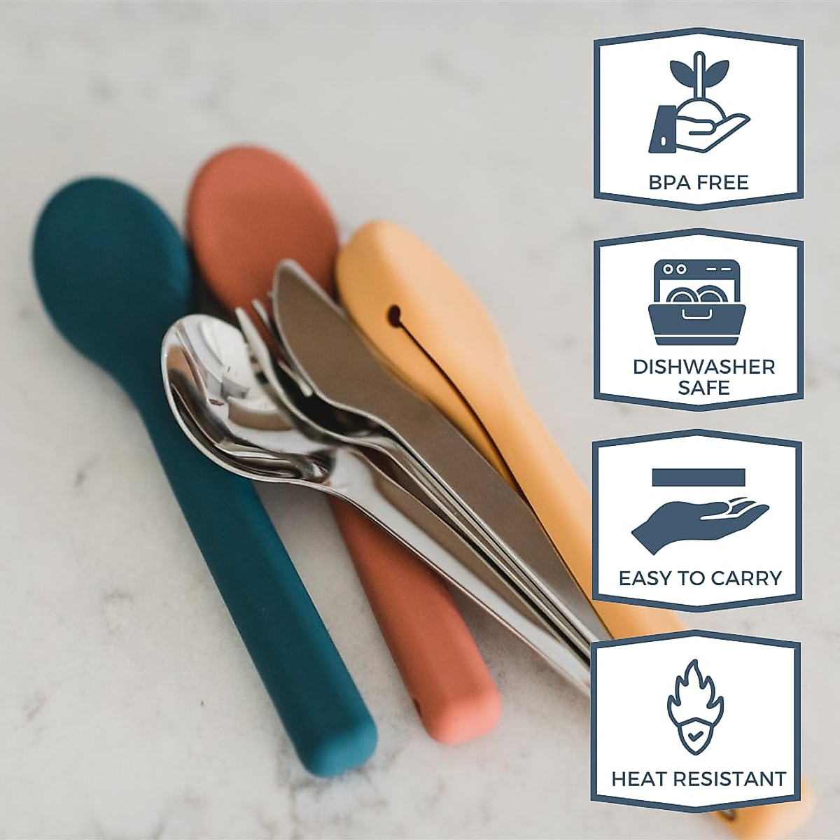 DREAMROO Travel Utensil Flatware Set - Portable Cutlery set design for Travel, School, Work and Outdoor- Stainless Steel Spoon, Fork, & Knife with Silicone Case (Yellow)