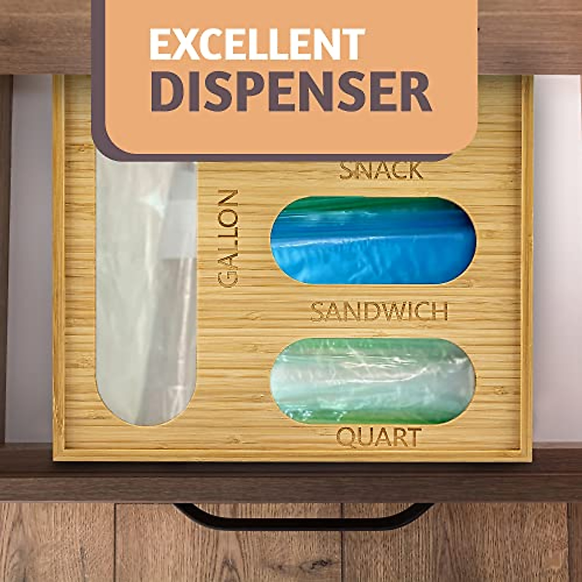 Bhouma - Ziplock Bag Drawer Organizer with Sliding door, Bamboo Kitchen Drawer Organizer, Drawer Divider for Quart, Snack, Sandwich & Gallon Bags, Kitchen Organizer, 15x15 inch, Rounded Interiors