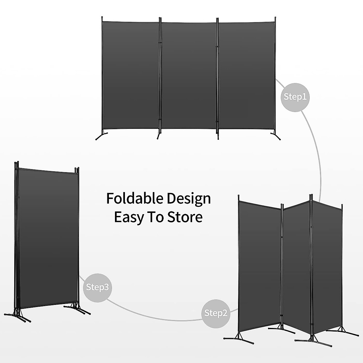 Room Divider 3 Panel Folding Privacy Screen 5.9FT Partition Room Separators with Metal Frame Portable Freestanding Room Dividers Indoor Wall Dividers for Studio Office, Dining Room, Grey