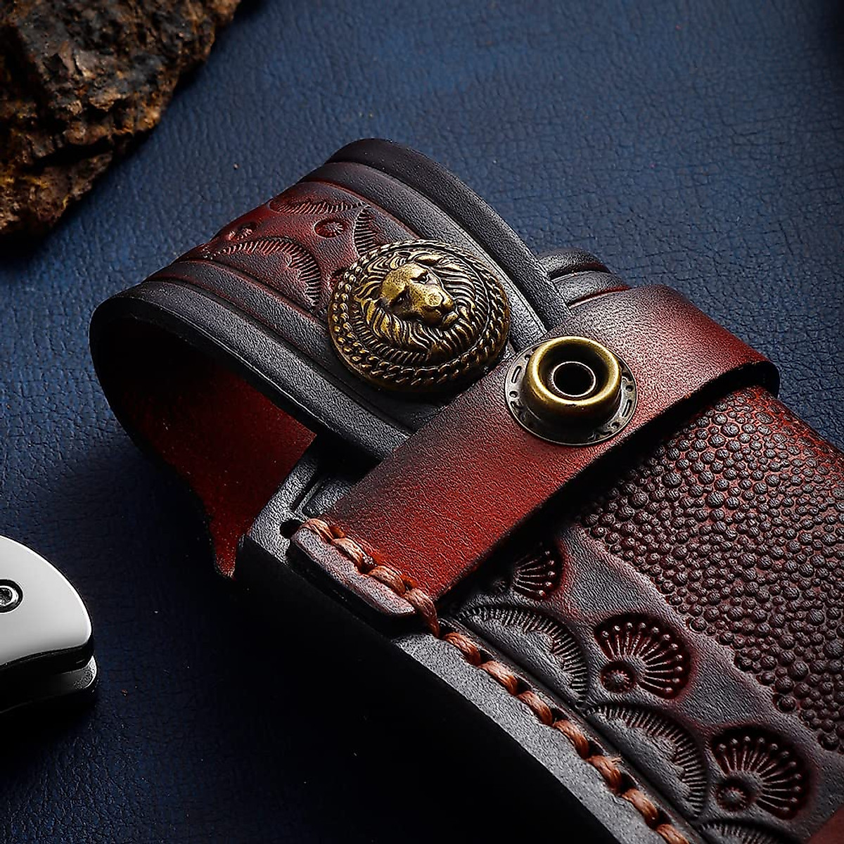 Pocket Knife Sheath,Leather Folding Pouch for 4'' Trapper Knife,Small (Lion head), Brown