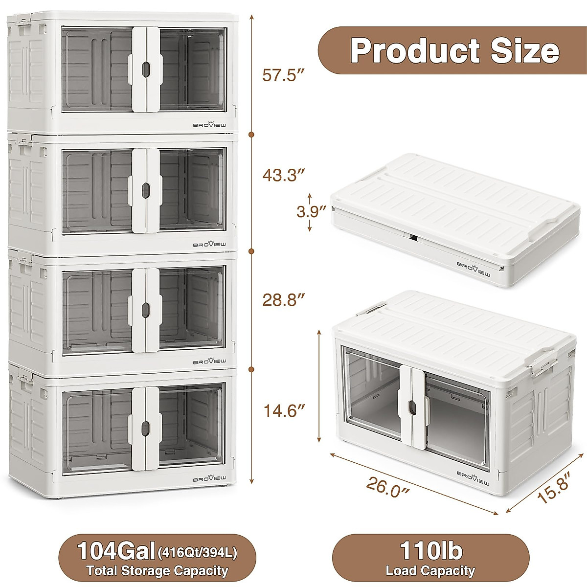 BROVIEW V7 4 Pack Stackable Storage Bins, 416QT 104 Gal Closet Organizers and Storage with Doors, Plastic Collapsible Storage Bins with Lids and wheels, Folding Storage Box for Home Dorm, Cream White