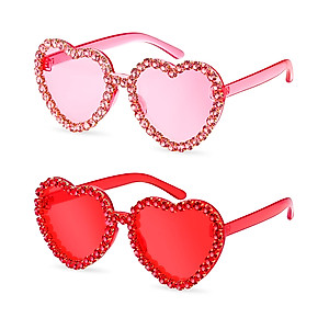 TOODOO 2 Pairs Rhinestone Heart Sunglasses Heart Shape Rimless Sunglasses for Women Transparent Heart Glasses (Pink, Red)