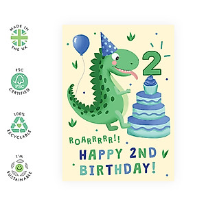 CENTRAL 23 Happy 2nd Birthday Card for Boys - Age Two - Dinosaur Birthday Card For Son Nephew - Second Bday Gifts For Him - Comes With Fun Stickers - Made In UK