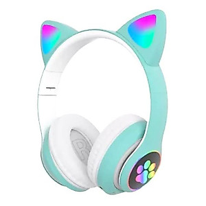 Cute Cat Headphone with Wireless BT Noise Cancelling Microphone & LED Lights- Green