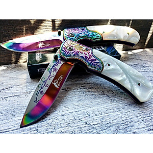 masterdish Marble HANDLE Cowboy Folding Blade Pocket Knife Rainbow Blade 3cr13 Steel Overall Length 8.5 inch (cvrt-1-2)
