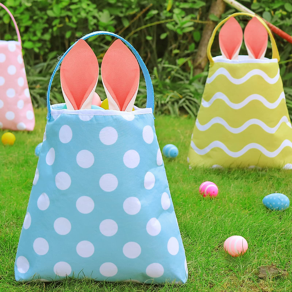 Ivenf Easter Tote Bags with Bunny Ears 3ct, Pink Blue Yellow Easter Gift Bags for Hunt Games Eggs, Kids School Home Party Supplies Decorations