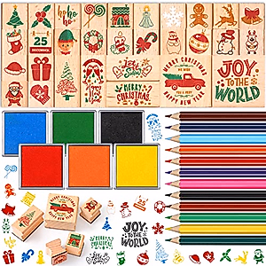 48 Pieces Christmas Stamps for Kids Wooden Rubber Stamps with Ink Pad Colored Pencil Ink Pad Colouring Pencil Art Supplies Set for DIY Party Favor Gift (Lovely Style)