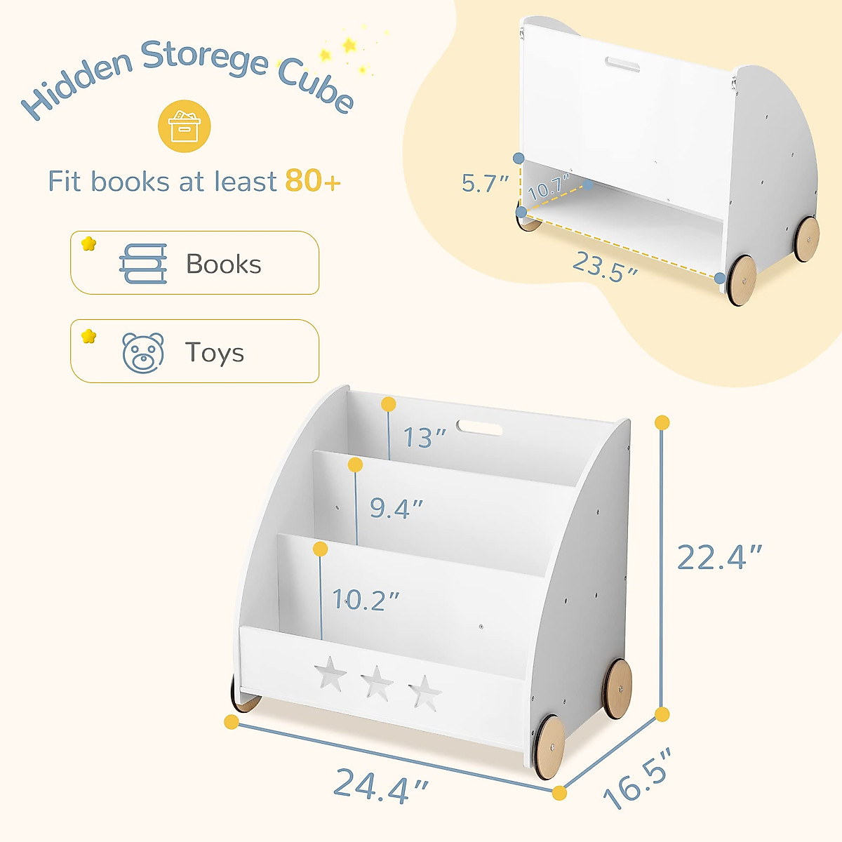 Curipeer Kids Bookshelf and Storage, Nursery Wooden Book Shelf for Kids with Wheels, 3-Tier Baby Bookshelf Display Organizer Gift, Children Bookcase in Playroom, Nursery, Bedroom, White