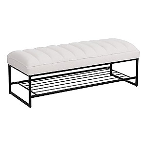 Homaddition Entryway Bench with Shoe Storage, 52" Thickened Cushion Sherpa Upholstered Channel Tufted Ottoman Bench with Shoe Rack, End of Bed Bench for Bedroom (White Sherpa with Shoe Rack)