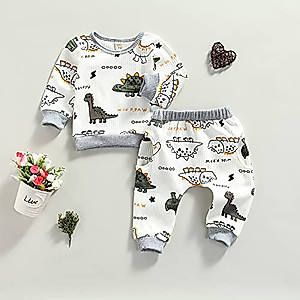 Ledy Champswiin 2pcs Winter Newborn Baby Boy Clothes Infant Cute Dinosaur Print Outfit Ribbed Cotton Long Sleeve Tops Pants Set (Dinosaur White, 0-3 Months)