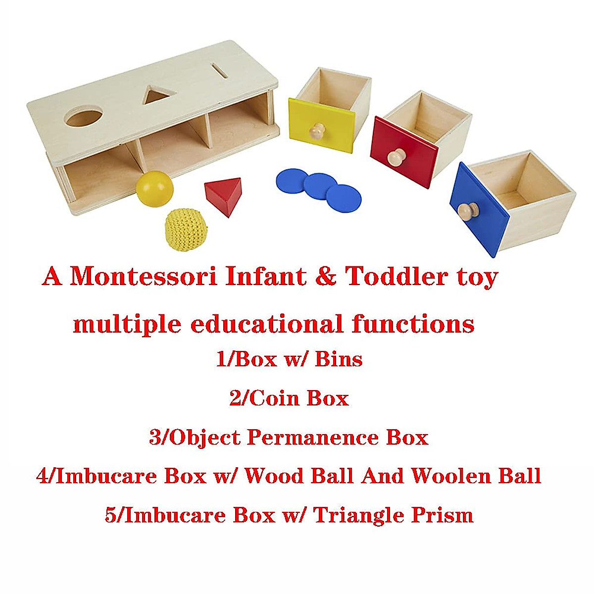 Kghios Montessori Box w/Bins Coin Box Object Permanence Box with Drawer Imbucare Box w/Ball 4 in 1 Montessori Infant Toys for Toddlers Materials for 6-12 Month Babies Infant 1-2 Year Toddlers Toys