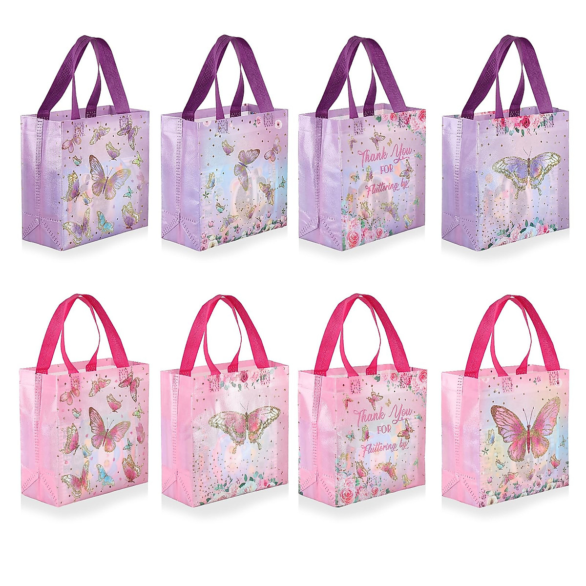 piqiya 16pcs Non Woven Gift Bags, Butterfly Party Favor Bags, Girl Birthday Gift Bags, Thank You Bag for Baby Shower,Wedding,Thanksgiving