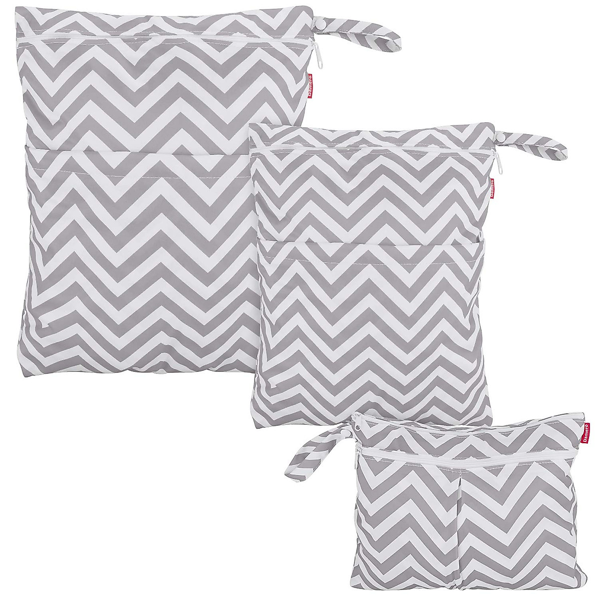 Damero 3pcs Travel Wet and Dry Bag Organizer with Handle for Cloth Diaper, Pumping Parts, Swimsuit and More, Easy to Grab and Go, Gray Chevron