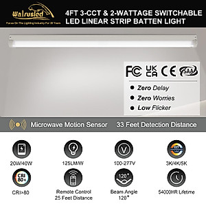 2 Pack 4FT Tri-Level Motion Sensor LED Linear Strip Stairwell Light with Remote 2 Watt CCT Selectable 20W/40W 2500lm/5000lm 3000K/4000K/5000K Dimmable 4 Foot Commercial Shop Ceiling Light Fixture, FCC