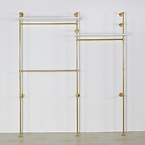 EDCB Industrial Pipe Clothing Rack Wall Mounted, Heavy Duty Hanging Clothes Rack Clothing Store Display Stands Garment Rack Closet System, 2 Tier Wood Garment Rack (Gold, 96.5x80.7inch)