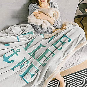 Sherpa Blanket Flannel Fleece Throws Summer Love Lake Life Rudder Anchor,Soft Warm Cozy Fuzzy Throw Blankets Turquoise Text on White,Shaggy TV Throw for Sofa Couch Bed Camping All Season 50x60In