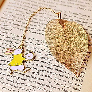 Metal Bookmarks, Buery Handmade Bookmark Cute Leaf Vein Bookmarks with Rabbit Pendant, Golden Bookmark Gift for Kids Adults Bookworms (Rabbit)