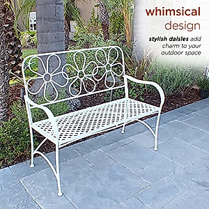 Alpine Corporation BAZ398WT Alpine Daisy Metal Bench, White Garden Furniture