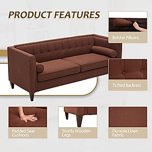 Dreamsir 58Inches Loveseat Sofa, 2 Seater Fabric Sofa Couch with Two Throw Pillows, Solid Wood, Mid Century Modern Couch for Living Room, Small Space, Apartment（Brown） 7097 Linen