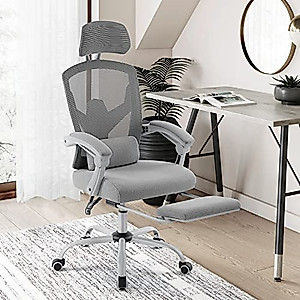 OLIXIS Gaming Ergonomic Foot Rest Reclining, High Back Mesh Home Office Computer Desk Chair with Wheels, Adjustable Headrest, Grey