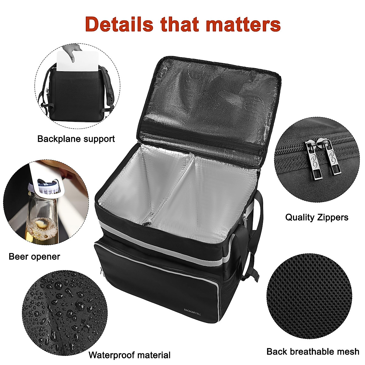 BAGMARVELL Food Delivery Backpack, Insulated Hot Pizza Bags for Delivery Bike, Large Leakproof Waterproof Delivery Bag with 6 Mesh Pockets for Uber Eat,Camping,doordashing,Beach&Family camping