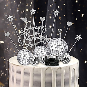 23PCS Disco Ball Cake Toppers 70's Disco Theme Cake Decoration Set with DJ Bling Silver Mirror Balls Centerpiece and Mini Microphone Radio Toy Decor for Women Men 1970s Dance Birthday Party Supplies