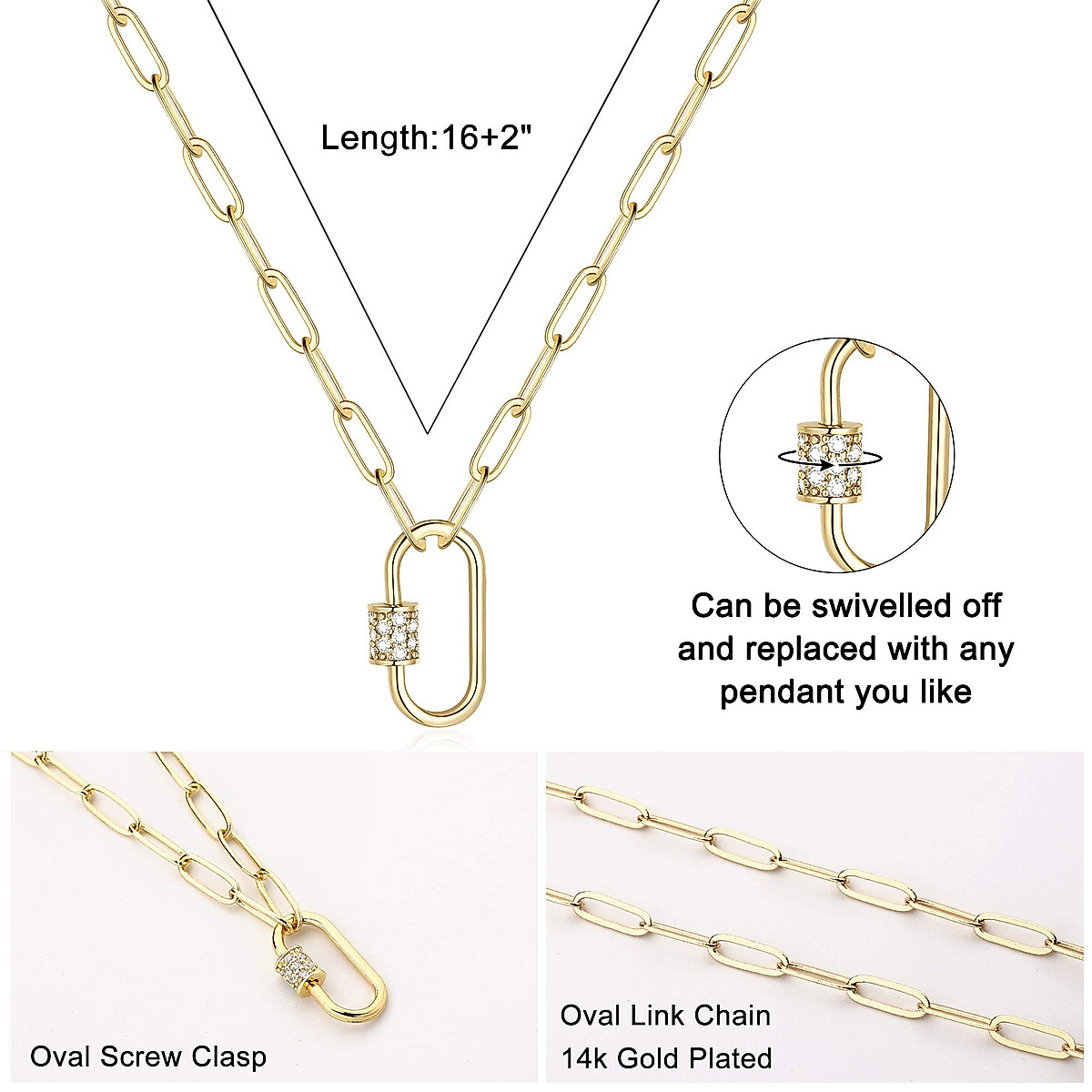 Turandoss 14K Gold Plated Shiny CZ Oval Screw Clasp Link Chain Simple Choker Paperclip Link Necklaces for Women