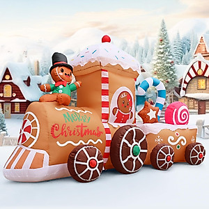 8ft Christmas Inflatable Train Decoration with LED Lights, Candy Canes, Gingerbread Men - For Outdoor