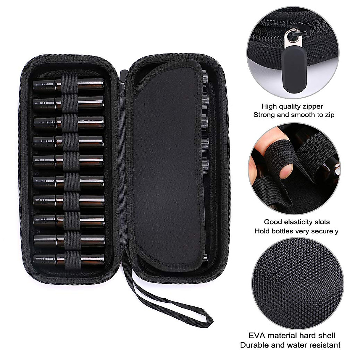 Hipiwe EVA Essential Oils Carrying Case Organizer for 20 Bottles 5ml 10ml Standard and Rollers Bottles Portable Hard Shell Essential Oils Travel Bag Holder for Essential Oils Bottle Storage (Black)