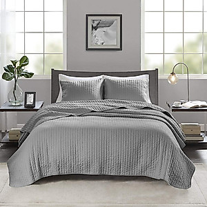 Madison Park Keaton Quilt Set-Casual Channel Stitching Design All Season, Lightweight Coverlet Bedspread Bedding, Shams, Full/Queen(90"x90"), Stripe Grey, 3 Piece