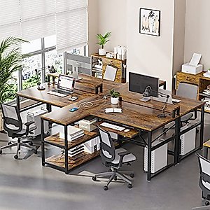 SEDETA 94.5" Home Office Desks, Computer Gaming Desk with Storage, LED Lights, Power Strip with USB, Keyboard Tray & Monitor Stand, Extra Long Double Desk for 2 Person, Rustic Brown