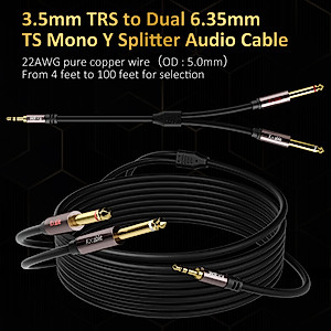 1/8 to Dual 1/4 Stereo Cable 4 Feet (2 Pack), 3.5mm TRS to 2 x 6.35mm TS Mono Y Splitter Audio Cord Adapter, Oxygen-Free Copper, OD:5.0MM, for PC, Mixer, Speaker, Home Stereo System with 5 Cable Ties