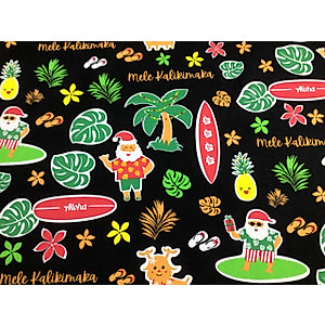 Mele Kalikimaka Hawaiian Christmas Surfing Santa in Black Background Hawaiian Print 100% Cotton Fabric Sold by The Yard