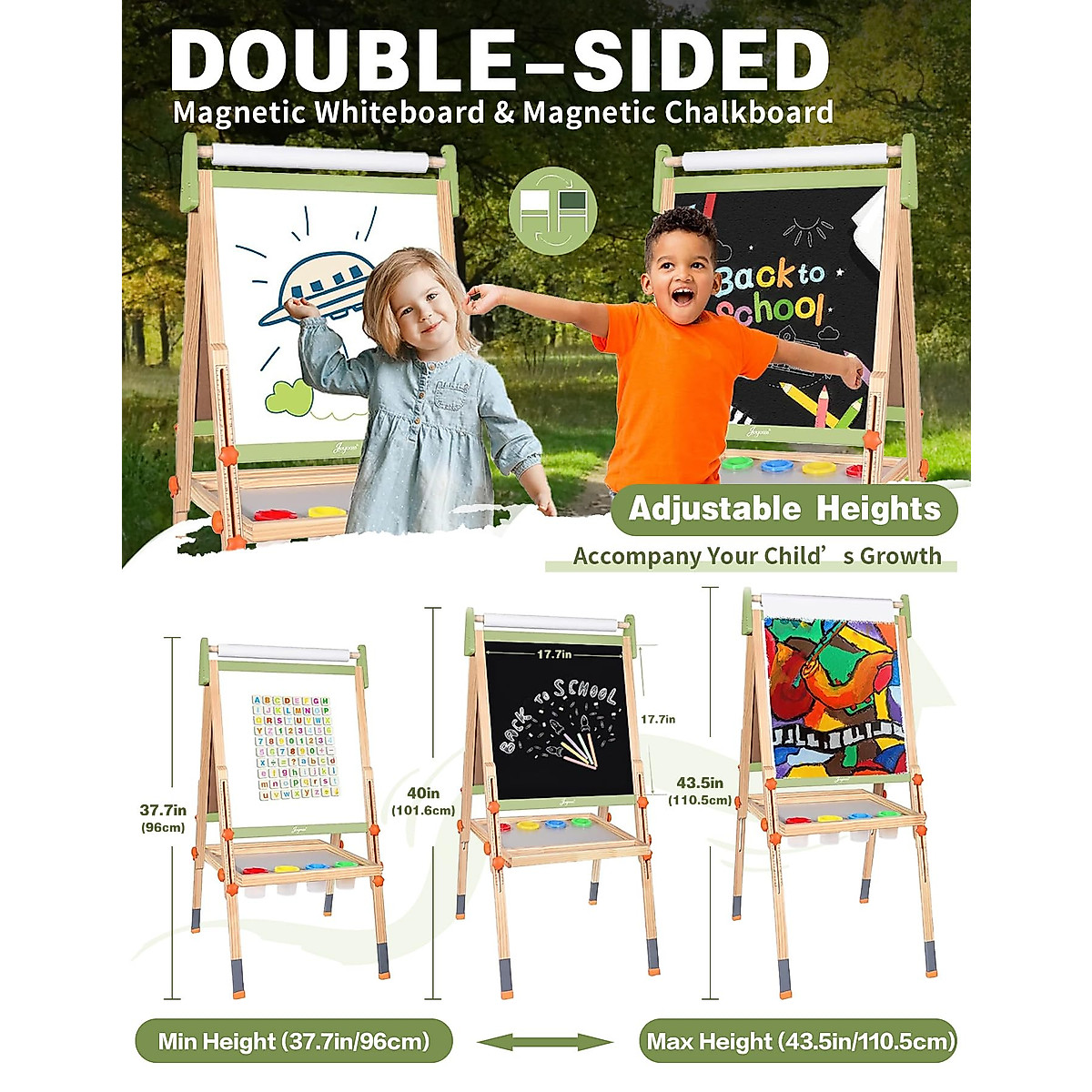 Joyooss Art Easel for Kids, Double-Sided Magnetic Easel for Children with Whiteboard & Chalkboard, Deluxe Standing Easel for Toddler with Paper Roll & Painting Accessories Painting Station for Kids