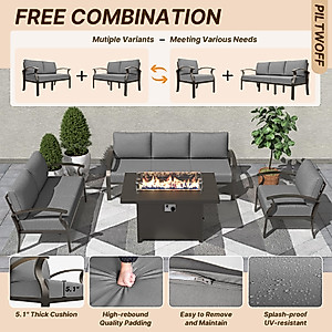 Piltwoff Aluminum Patio Furniture Set,8 Pcs Modern Patio Sectional Conversation Sets w/55,000BTU Propane Fire Pit,Outdoor Swivel Rocking Chairs w/5.1" Cushion&Coffee Table,Grey