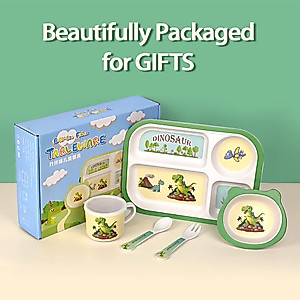 Dinosaur Bamboo Plate Kids Dinnerware Set Toddler Dishes Dinnerware Set Dino Plate Feeding Divided Plates Baby Dish Tableware with Bib