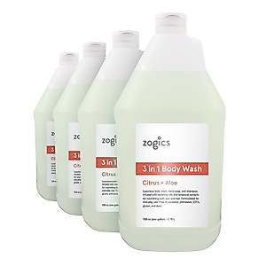 Zogics 3-in-1 Body Wash – Body Soap, Shampoo, and Hand Soap Liquid Refill All-in-One, Hydrating Plant-Based Formula, Refreshing Citrus + Aloe Scent (4 Gallons/Case)