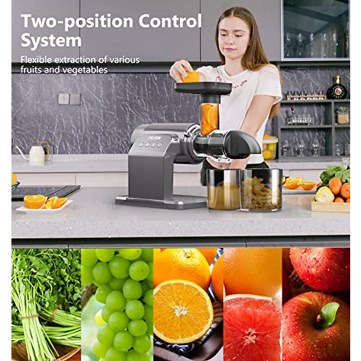 Juicer Machines, Fezen Slow Masticating Juicer Extractor, Cold Press Juicer with Two Speed Modes, Quiet Motor/Reverse Function, Higher Juice Yield Slow Juicer for Vegetables & Fruits, Easy to Clean