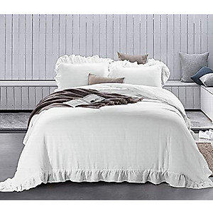 meadow park Stone Washed French Linen Duvet Cover Set 3 Pieces - Super Soft, Full/Queen 90 inches x 92 inches - Shams 20 inches x 26 inches, Ruffled Style - Button Closure - Corner Ties, White Color