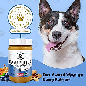 Dawg Butter, All Natural Peanut Butter Dog Treats, Dog Peanut Butter Blue Biotic, Peanut Dog Treat Paste, Dog Birthday Treats or Digestion & Immune Support, No Xylitol, Blueberry Flavor, 17 Oz