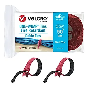 VELCRO Brand Fire Retardant Cable Ties | 50pk ONE-WRAP FR Cable Straps for Contractors, Installers or Home Use | 8 Inch PreCut Cable Management Ties | Cranberry