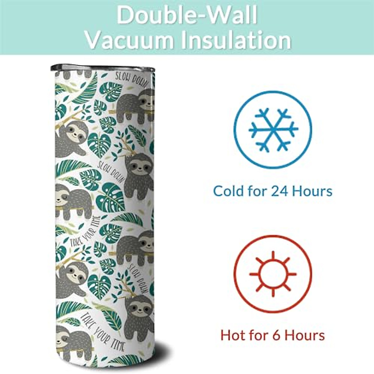 20 oz Sloth Skinny Tumblers with Lid and Straw, Sloth Stainless Steel Vacuum Insulated Travel Coffee Mug Cup Water Bottle, Sloth Decor Stuff Accessories, Gifts for Women Girls Sloth Lover