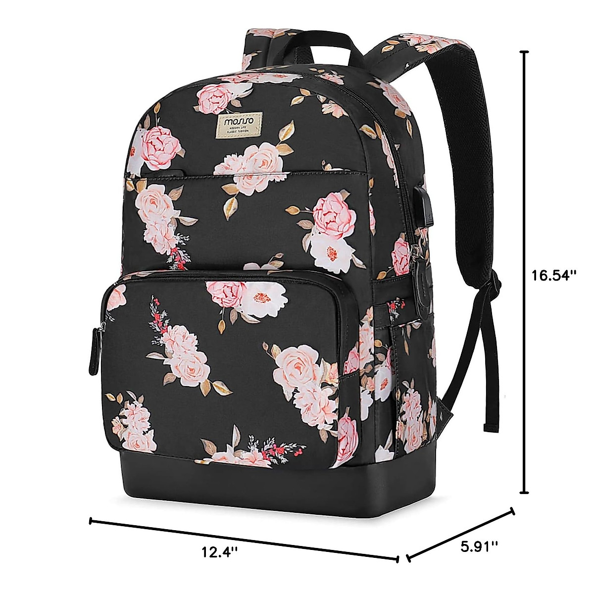 MOSISO 15.6-16 inch 20L Laptop Backpack for Women Girls, Polyester Anti-Theft Stylish Casual Daypack Bag with Luggage Strap & USB Charging Port, Peony Travel Business College School Bookbag, Black