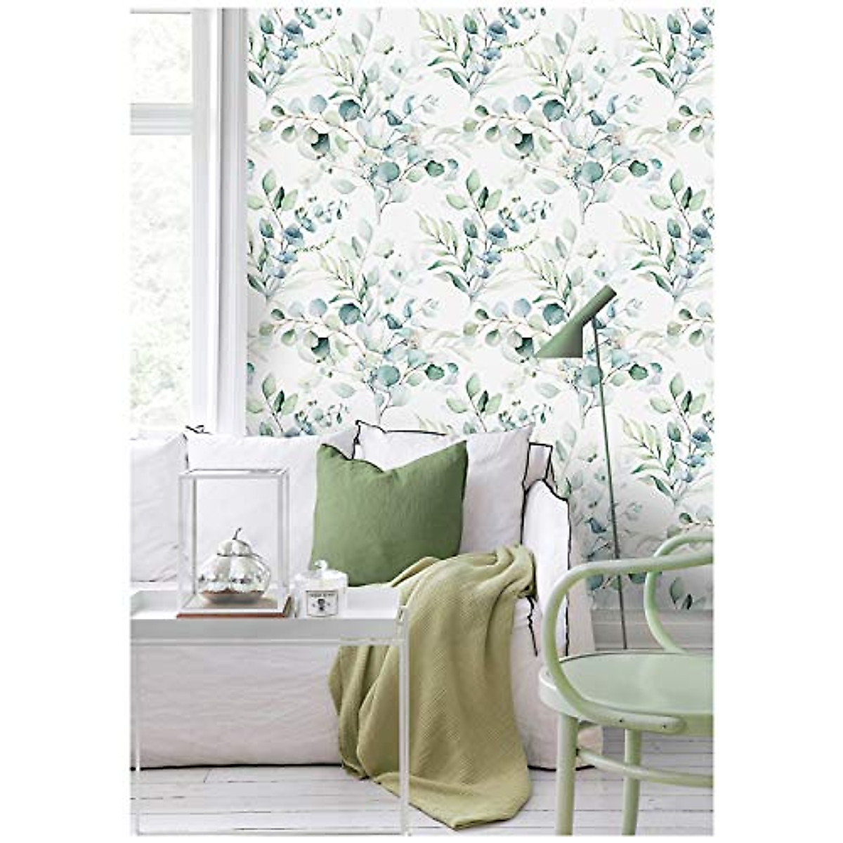 HAOKHOME 93042 Peel and Stick Wallpaper Green/White Eucalyptus Leaf Floral Wall Mural Home Nursery Boho Decor 17.7in x 9.8ft