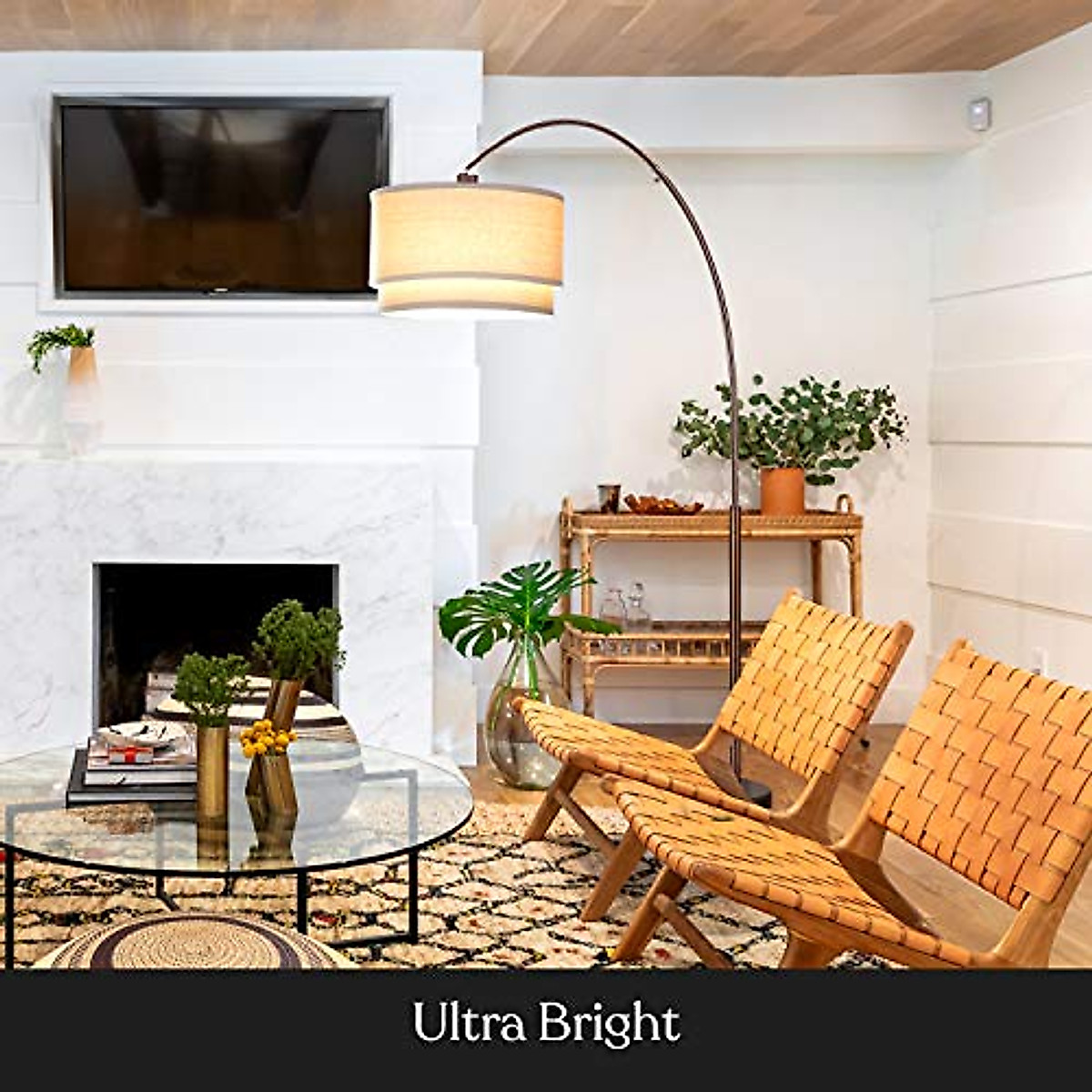 Brightech Mason Arc Floor Lamp - Modern Corner Standing Lamp with Unique Hanging Drum Lamp Shade for Living Room - Bright Overhead, Curved Hanging Light for Bedroom. Library, Den - Bronze