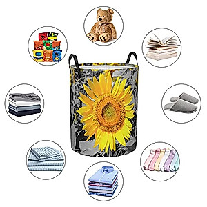 FeHuew Monotone Yellow Sunflowers Gray Field Collapsible Laundry Basket with Handle Waterproof Fabric Hamper Laundry Storage Baskets Organizer Large Bins for Dirty Clothes,toys,Bathroom