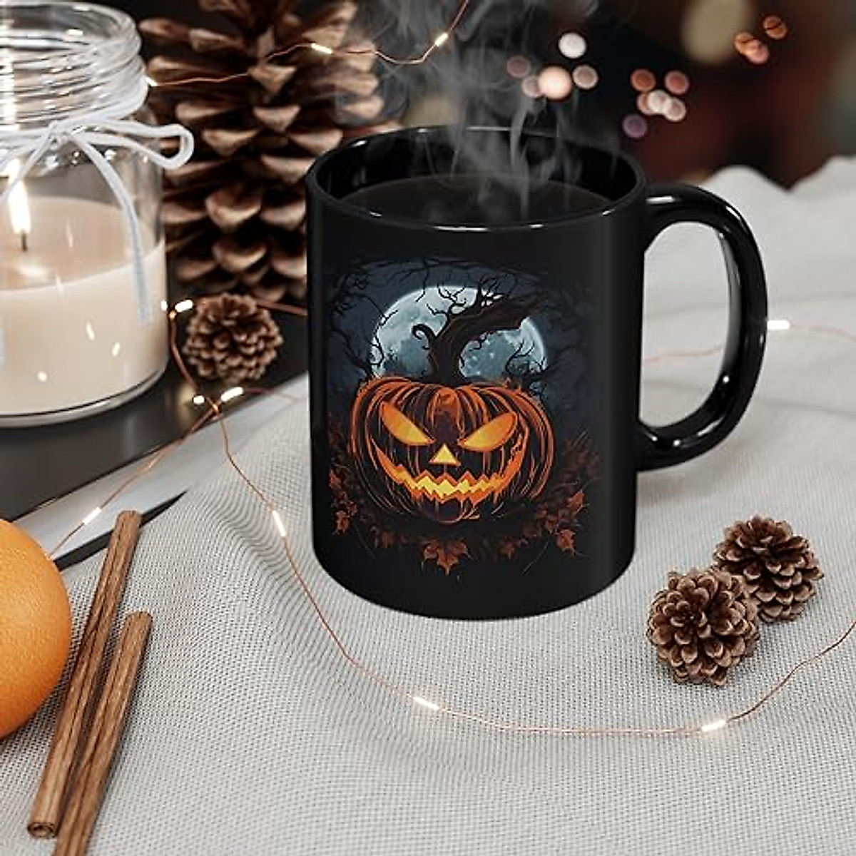 ATMTEE Halloween Night With Haunted Tree and Pumpkins Black Mug 11oz, Funny Gifts for Mens, Womens, Kids (11oz, Black)