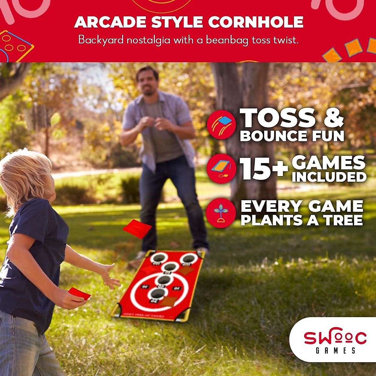 SWOOC Games - Coney Island Toss - Arcade Style Cornhole Board Set w/Carrying Case & 15+ Games - Corn Hole Games for Adults - Kids Bean Bag Toss Game - Kids Cornhole Set with Bags - Outdoor Yard Games