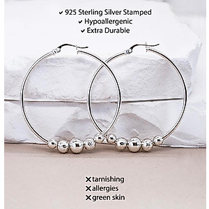Sterling Silver Polished and Hammered Beads Round Hoop Earrings (1 3/4 Inch)